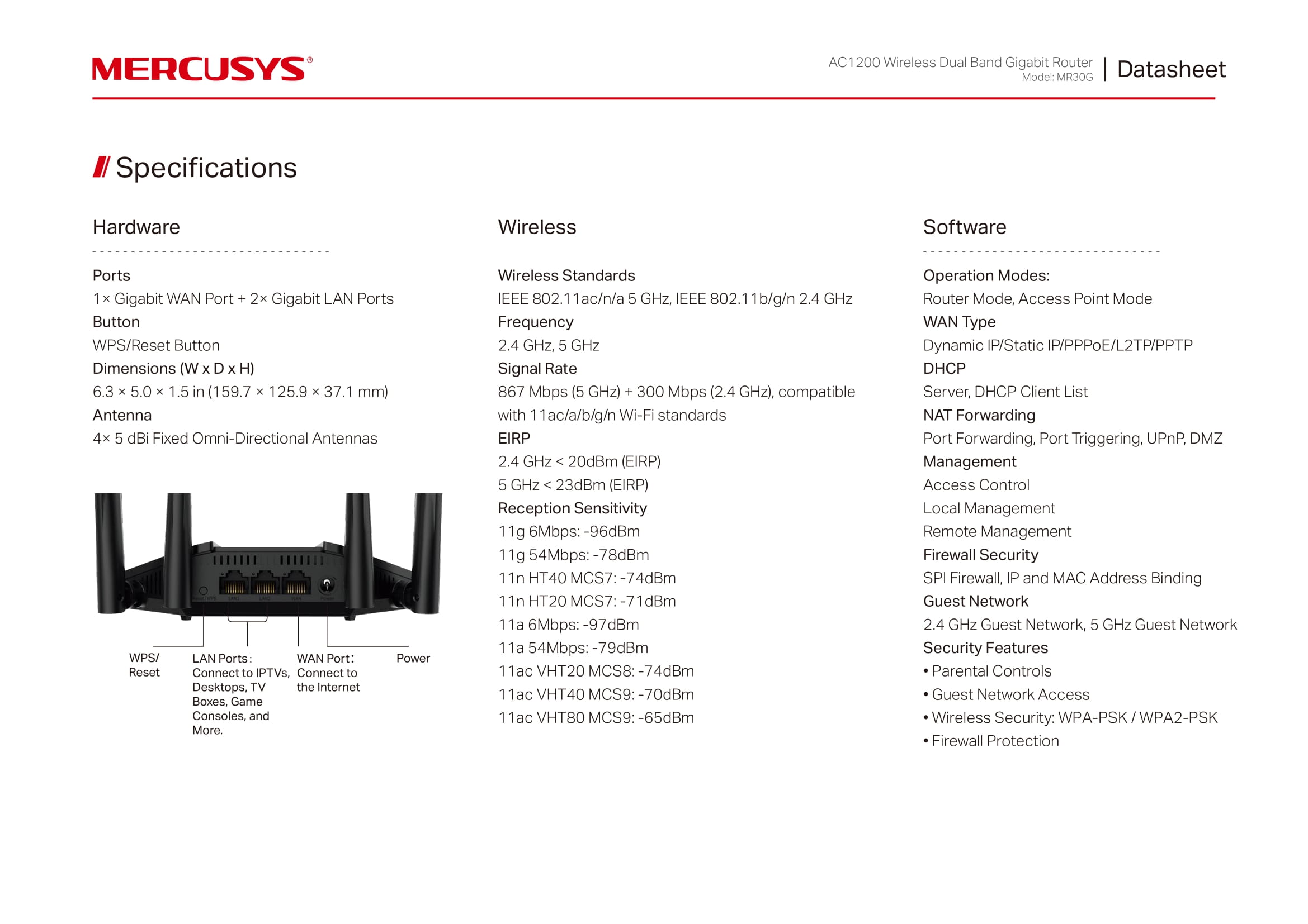 Mercusys AC1200 Wireless Dual Band Gigabit Router MR30G