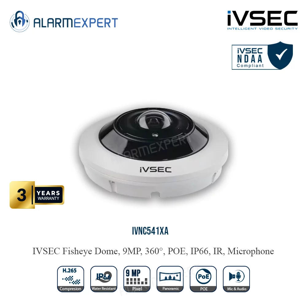IVSEC IVNC541XA Fisheye Dome, 9MP, 360°, POE, IP66, IR, Microphone, Speaker
