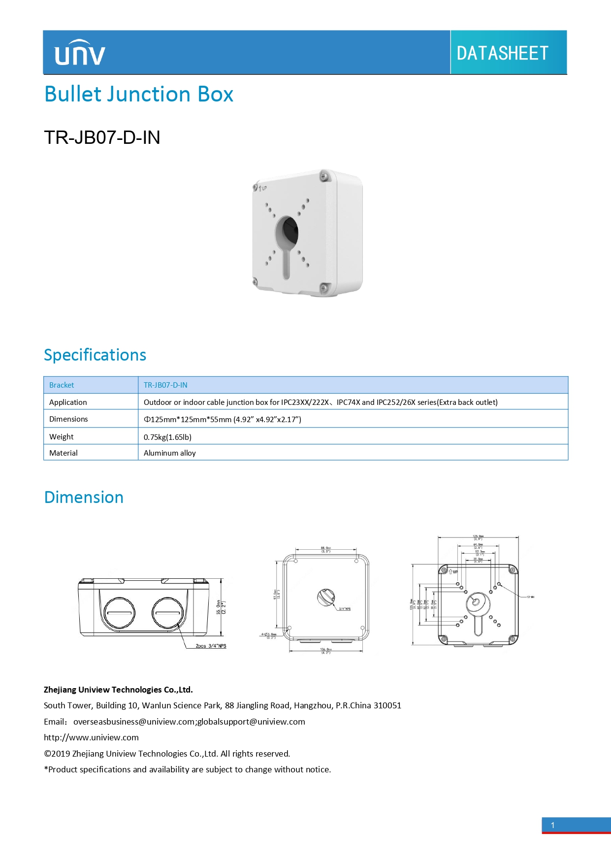 UNV TR-JB07-D-IN-SE Uniview Junction Box for IPC222x series