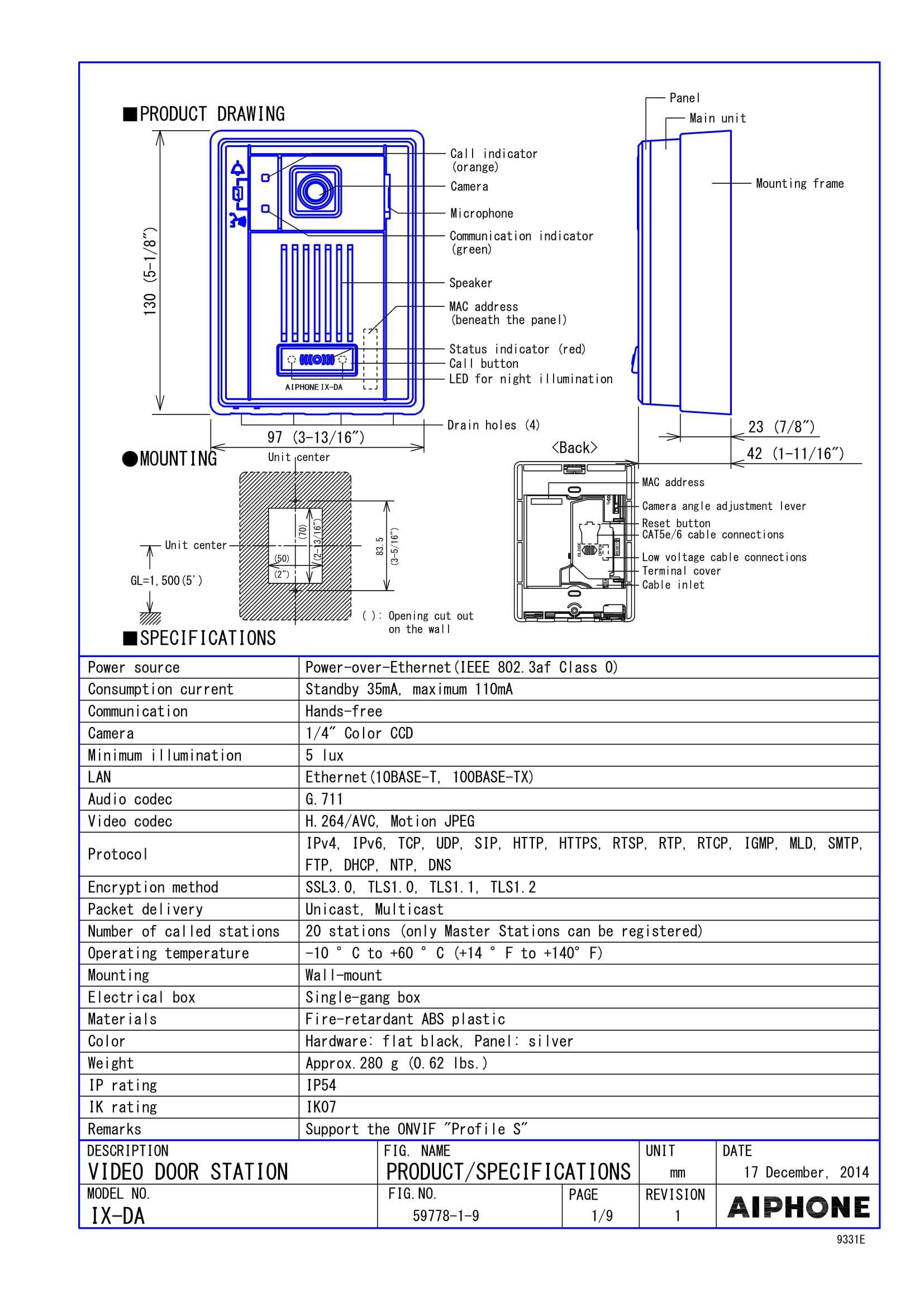 Aiphone IX Series IP Colour Video Surface Mount Door Station IX-DA Aiphone IX Series IP Colour Video Surface Mount Door Station IX-DA