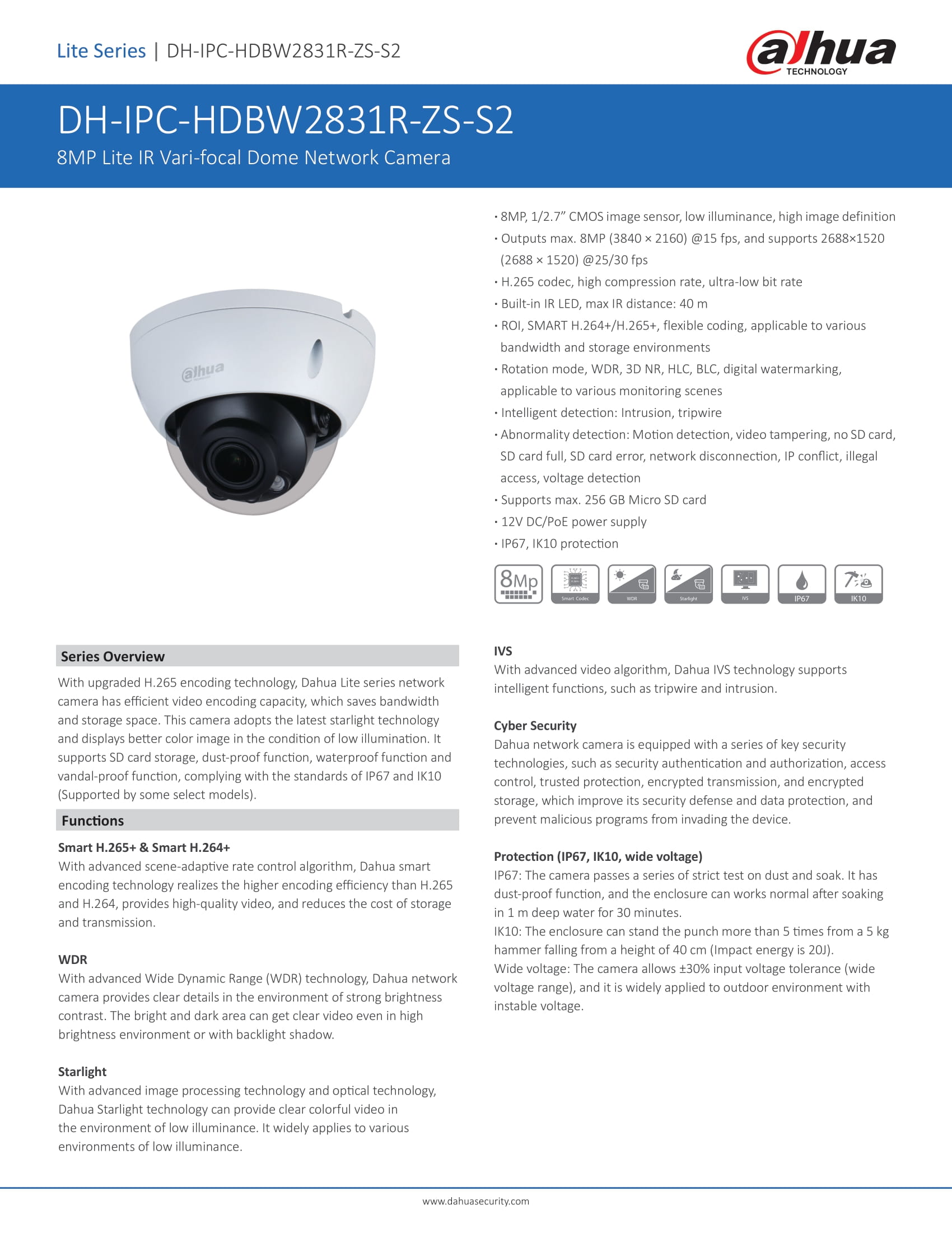 DAHUA 8MP (4K) LITE DOME MOTORISED CAMERA - Alarm Expert